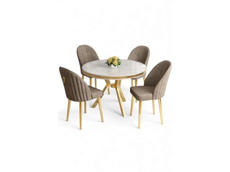 HANAH HOME Set trpezarijskog stola i stolica (5 delova) Mos White Marble Gold Cappuccino