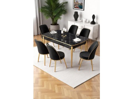 HANAH HOME Rasklopivi trpezarijski sto i stolice (7 delova) Nira Black Marble Gold Black