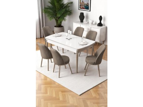 HANAH HOME Rasklopivi trpezarijski sto i stolice (7 delova) Nira White Chrome Cappuccino