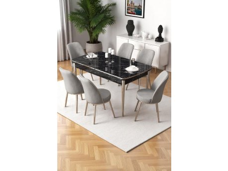 HANAH HOME Rasklopivi trpezarijski sto i stolice (7 delova) Nira Black Marble Chrome Grey