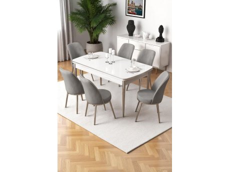 HANAH HOME Rasklopivi trpezarijski sto i stolice (7 delova) Nira White Chrome Grey