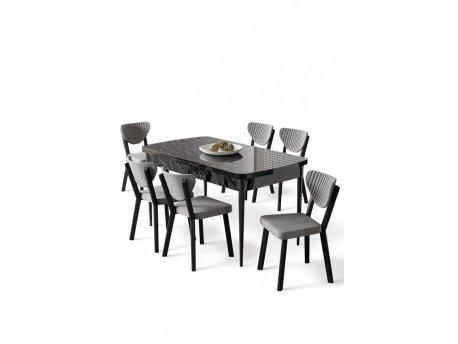 HANAH HOME Rasklopivi trpezarijski sto i stolice (7 delova) Exve Black Marble Grey