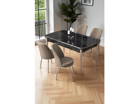 HANAH HOME Rasklopivi trpezarijski sto i stolice (5 delova) Nira Black Marble Chrome Cappuccino
