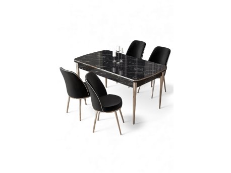 HANAH HOME Rasklopivi trpezarijski sto i stolice (5 delova) Nira Black Marble Chrome Black