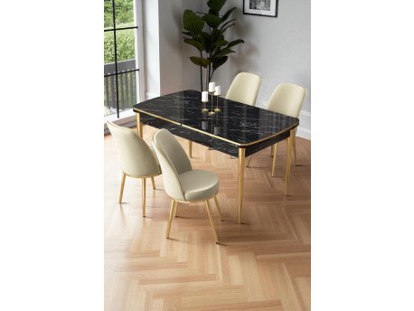 HANAH HOME Rasklopivi trpezarijski sto i stolice (5 delova) Nira Black Marble Gold Cream