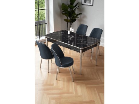 HANAH HOME Rasklopivi trpezarijski sto i stolice (5 delova) Nira Black Marble Chrome Anthracite
