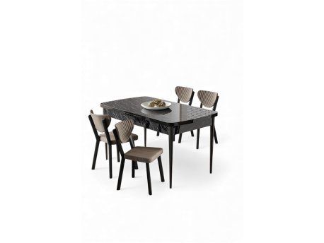 HANAH HOME Rasklopivi trpezarijski sto i stolice (5 delova) Exve Black Marble Cappuccino