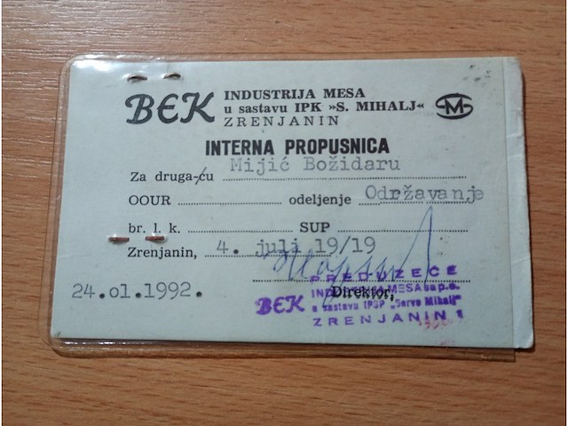 Interna Propusnica BEK Servo Mihalj Zrenjanin