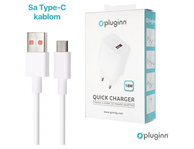Pluginn AJ-18 Punjač za mobilni telefon 18W sa kablom USB-C beli