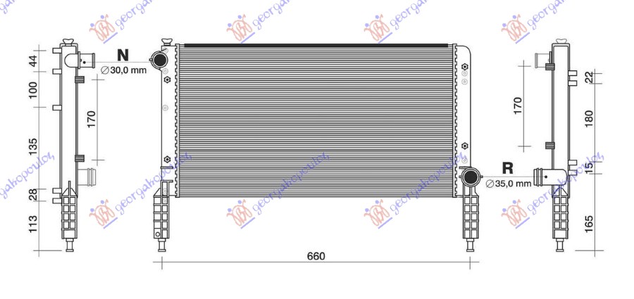 HLADNJAK MOTORA 1.2/1.6 16V (+AC) (58×30.5) (NISSENS) FIAT DOBLO 2005-2009 (119/223) (OEM: 4680303, 46749003)