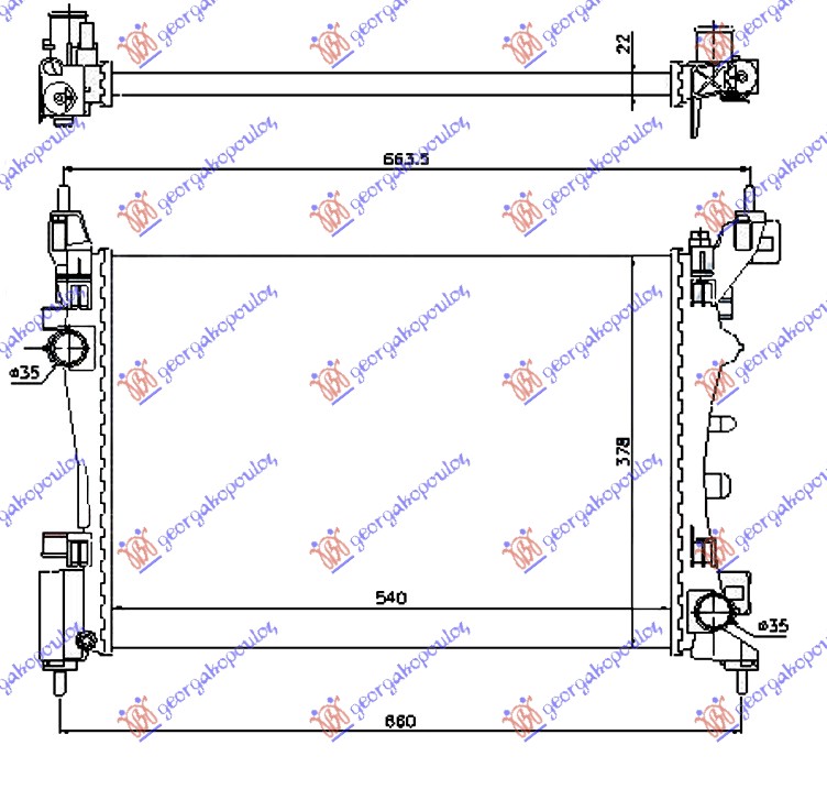 HLADNJAK MOTORA ZA SVE MODELSE BENZIN (MAN/AUTO) (+/-AC) (54×37.5) (VALEO) FIAT PUNTO EVO 2009-2012 (199) (OEM: 51864284, 55700447)