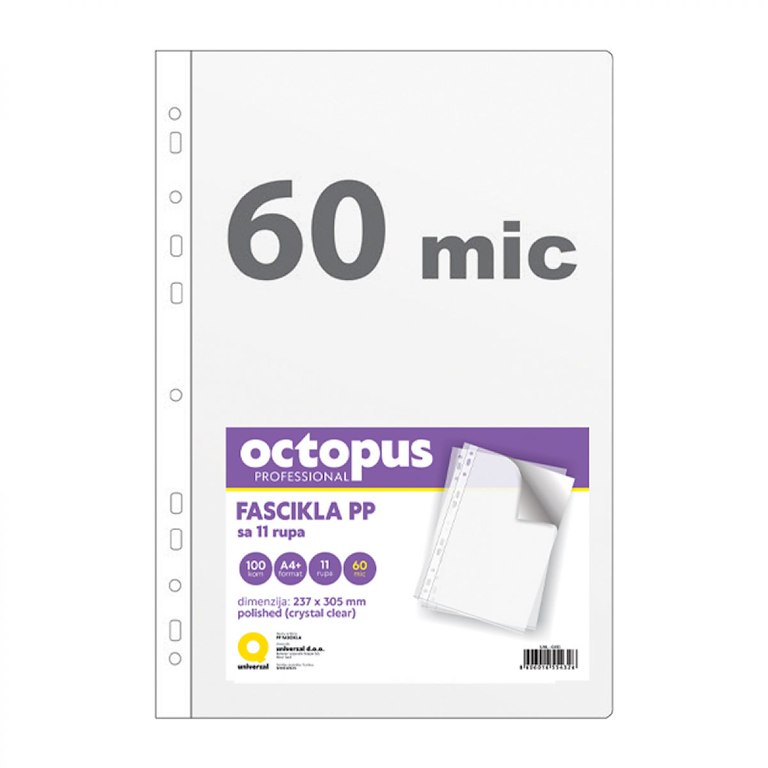 FASCIKLA A4 100/1 U 11 RUPA 60mic OCTOPUS CRYSTAL CLEAR UNL-0413