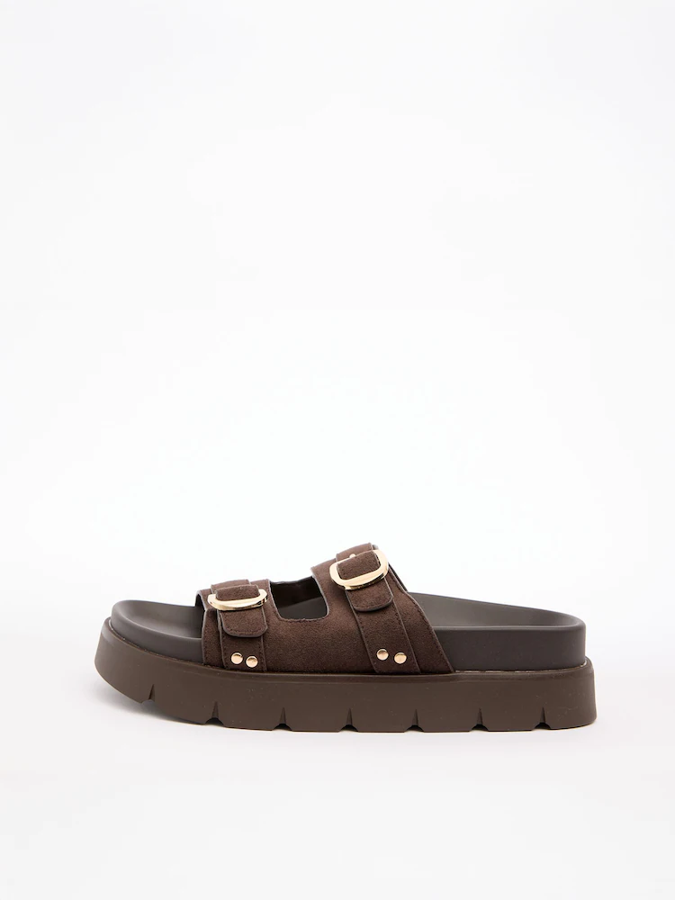 Čokoladno Smeđa Veštačka antilop koža - Friends Like These Double Buckle Chunky Footbed Summer Sandale