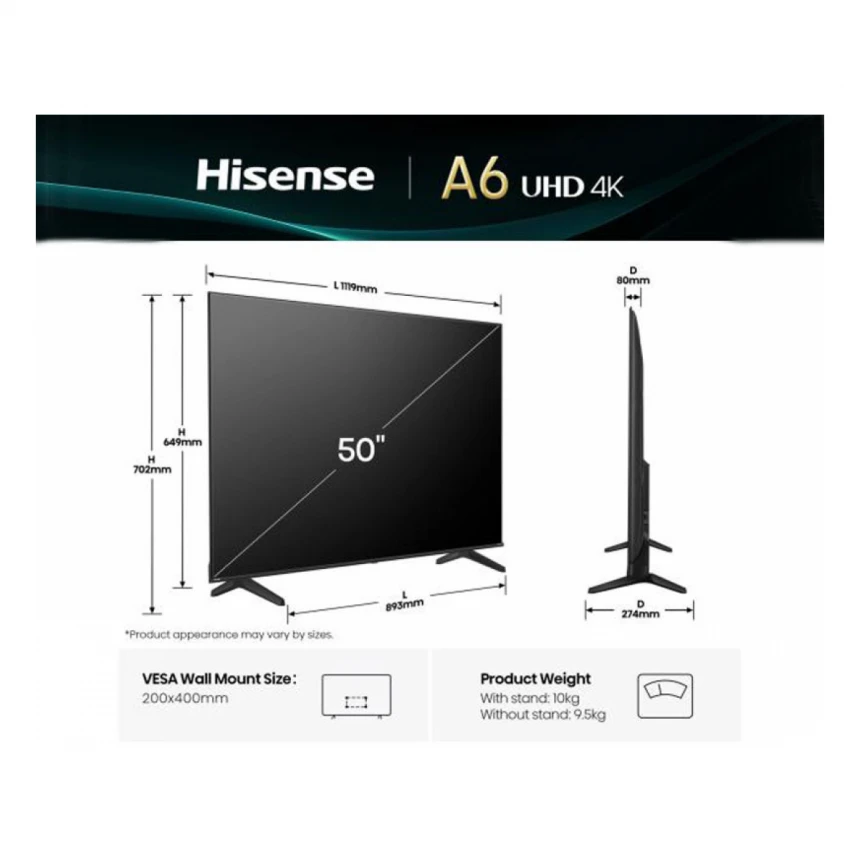 Televizor Hisense H50A6Q Smart, LED, 4K UHD, 50"(127cm), DVB-T/T2/C/S/S2