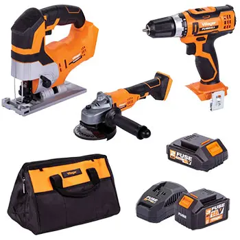 Villager Fuse VLN set – Aku bušilica VLN 3220 + aku ugaona brusilica VLN 4320 + Ubodna testera VLN 1120 + baterije 1.5Ah i 3Ah + punjač + torba