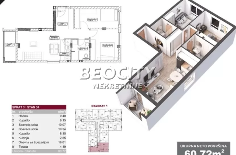 Trosoban stan, 61 m2, Liman 4 ID: 130732