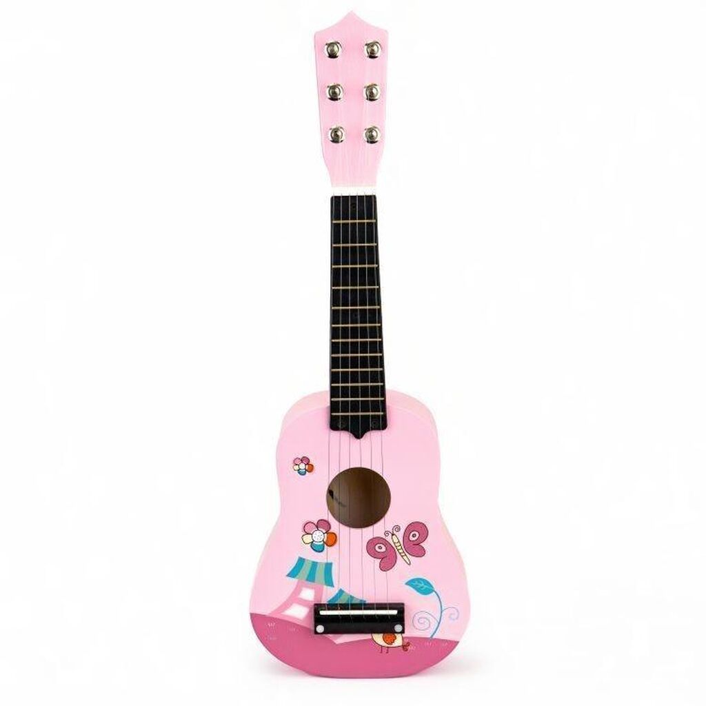 Dečja akustična gitara/ukulele u roze boji sa ilustracijama leptira