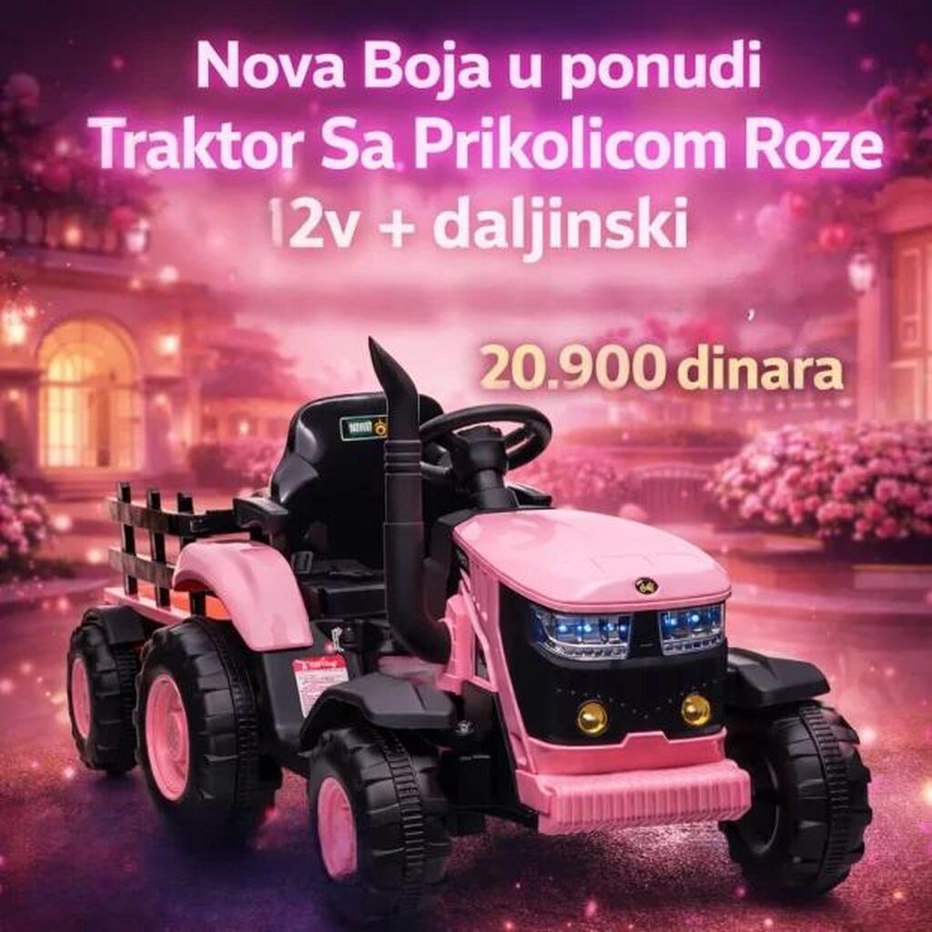 Dečji električni traktor sa prikolicom – roze boja, 12V + daljinski