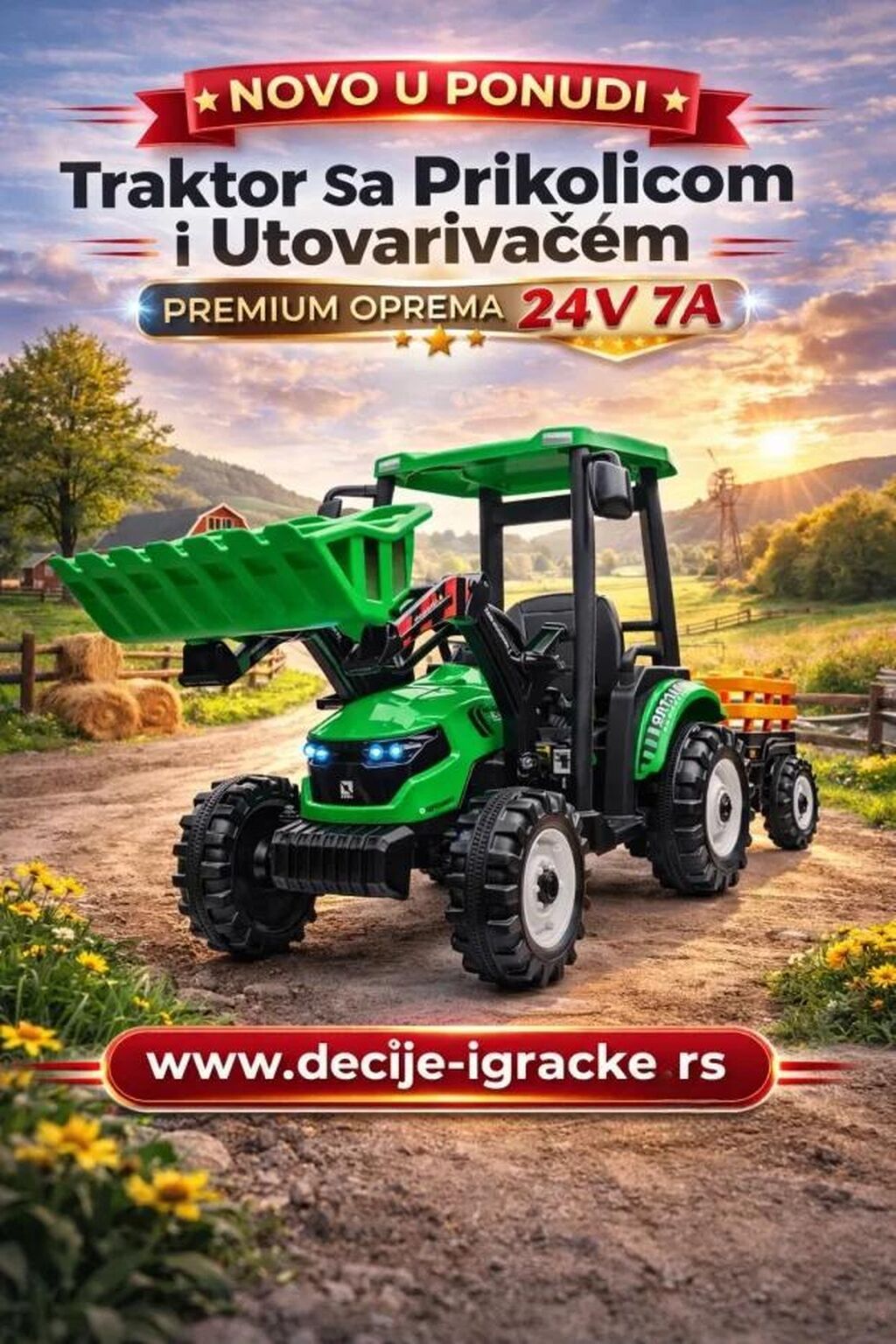 Dečiji električni traktor sa prikolicom i utovarivačem – Premium