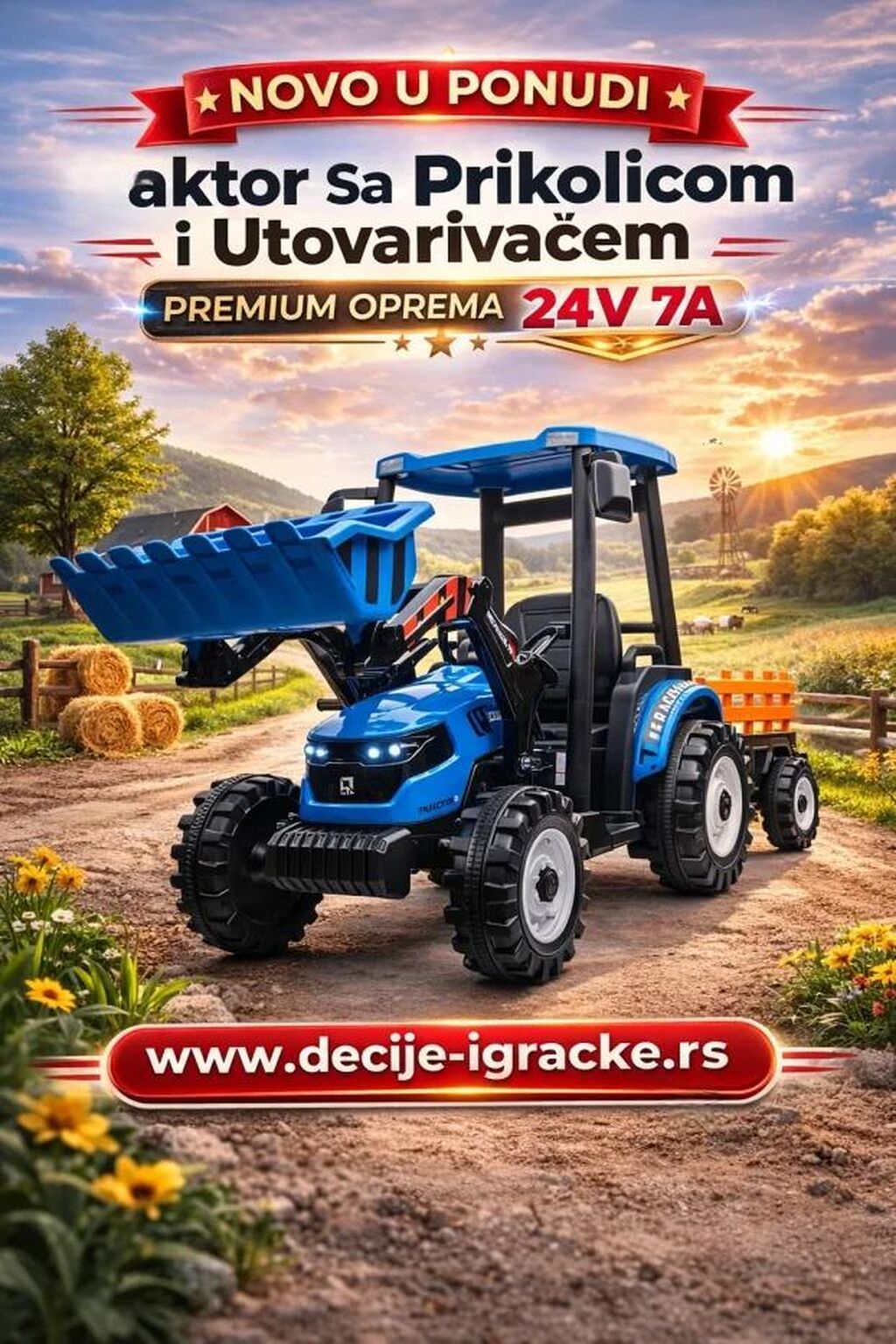 Dečiji električni traktor sa prikolicom i utovarivačem – Premium