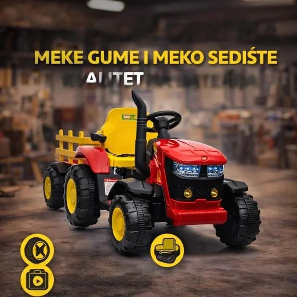 Dečji traktor na akumulator sa prikolicom – crveno/žuti - Električni