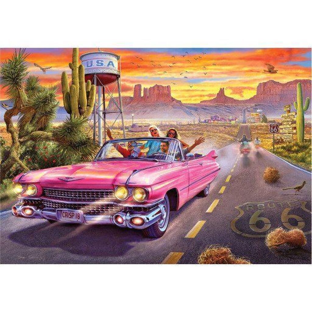 Poster/print: Retro američka ruta 66 – roze kabriolet u pustinji -