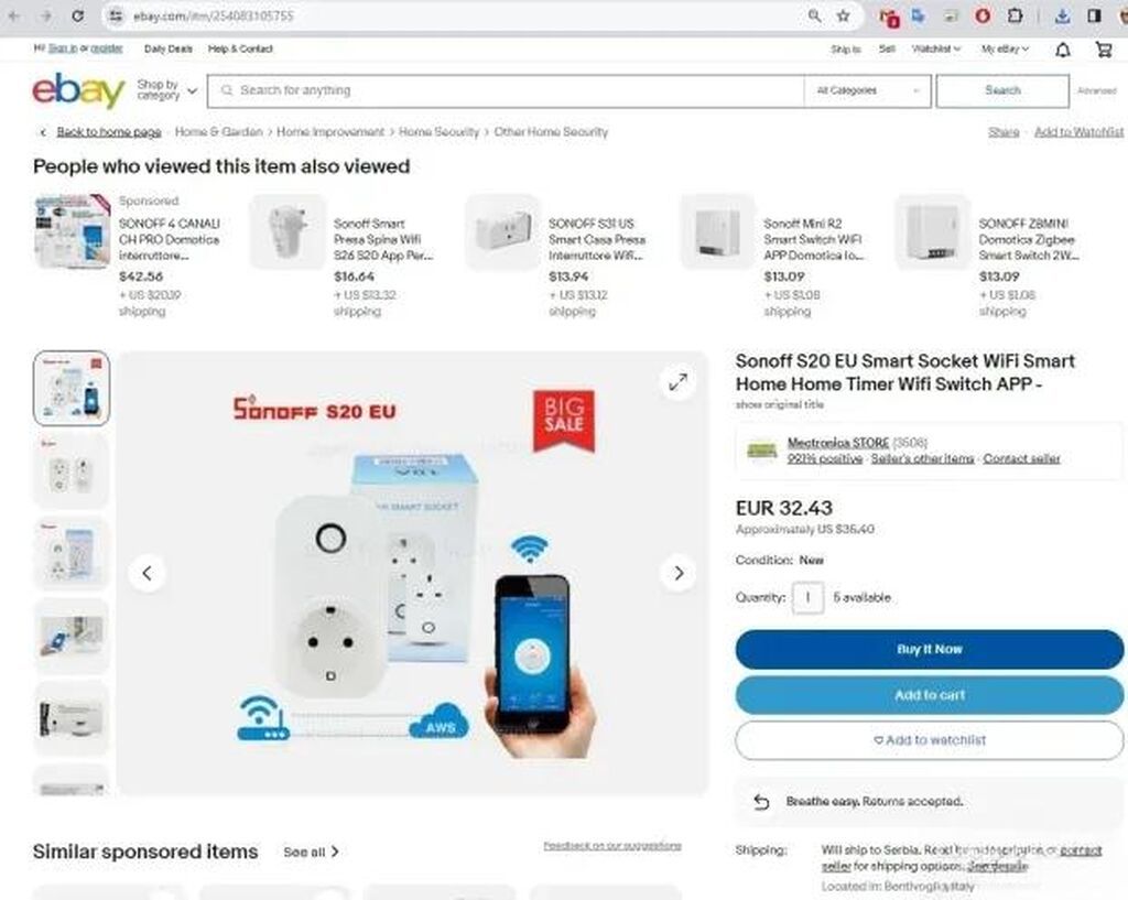 SONOFF S20 EU pametna Wi‑Fi utičnica - EU standard, šuko tip