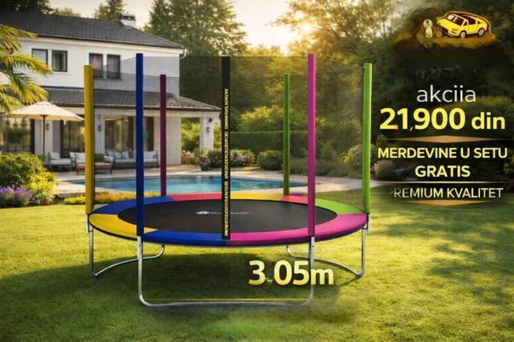 Trampolina sa zaštitnom mrežom – prečnik 3,05 m - Šarena obodna