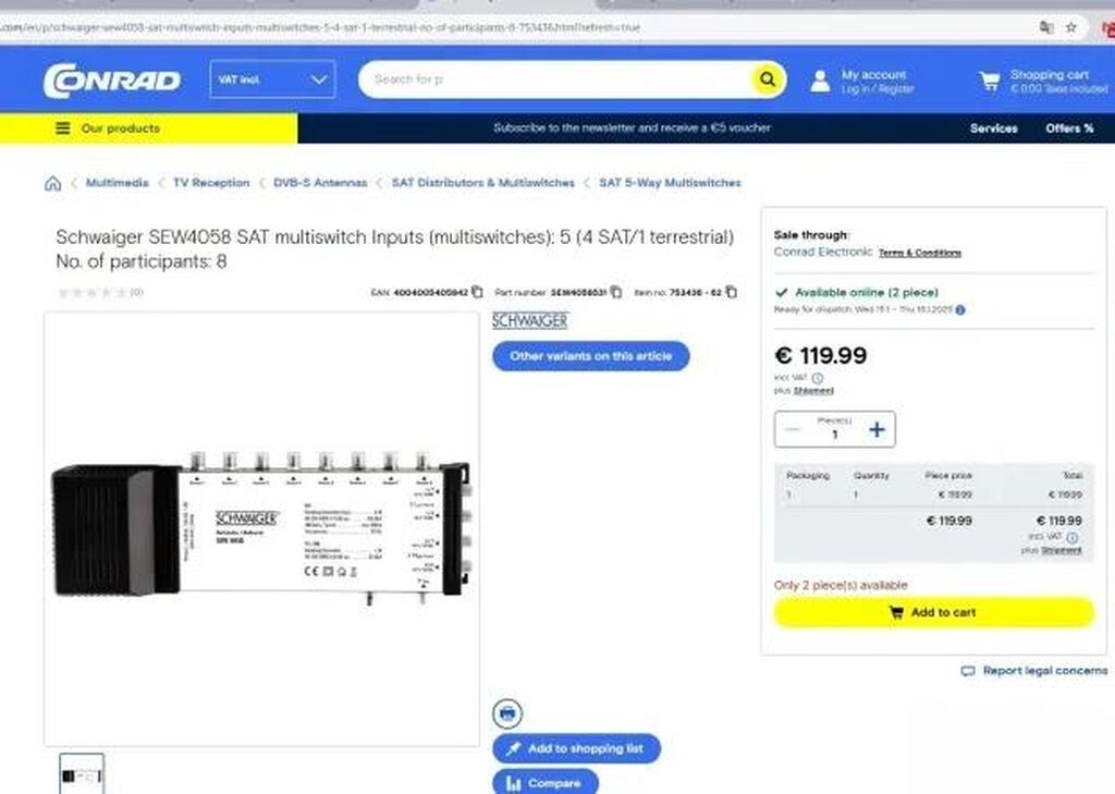 Schwaiger SEW4058 SAT multiswitch 5/8 - Tip: SAT multiswitch sa 5