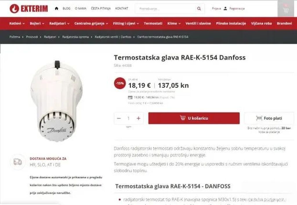 Danfoss termostatska glava RAE‑K‑5154 - Mehanička termoglavа za