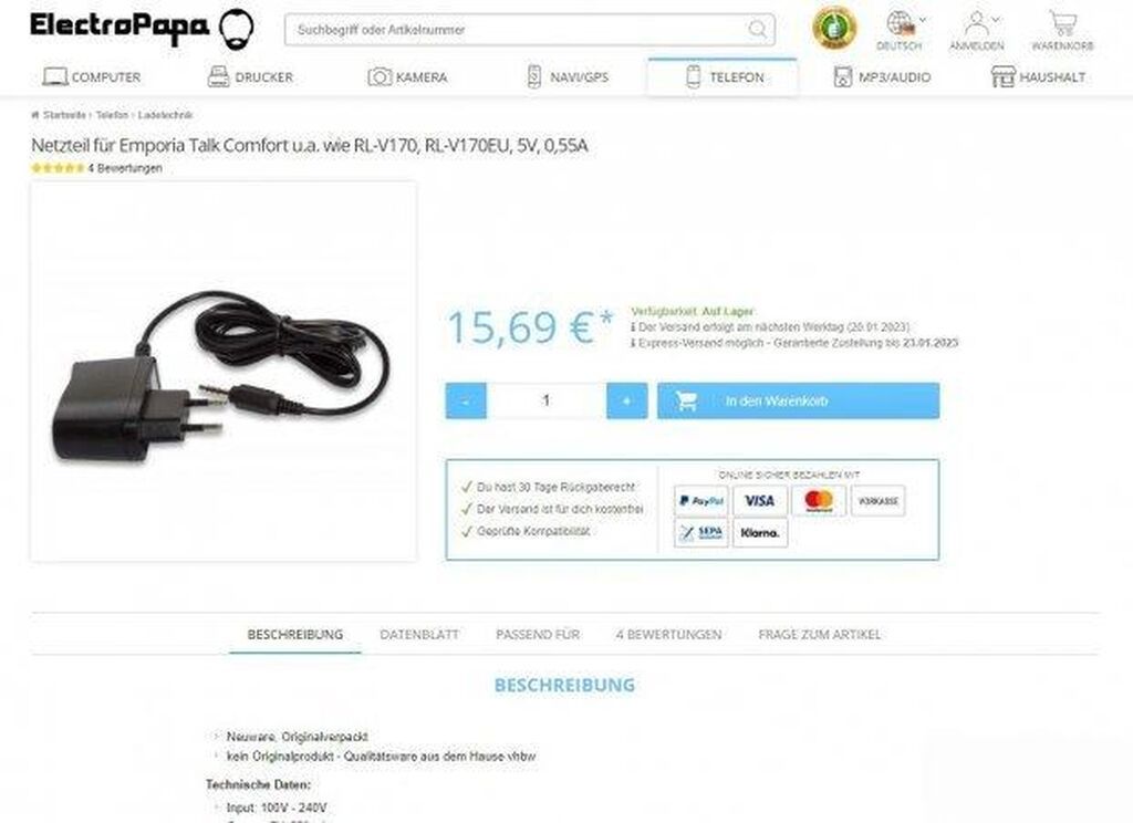 Punjač za Emporia telefone – RL-V170 / RL-V170EU, 5V 0,55A - Tip