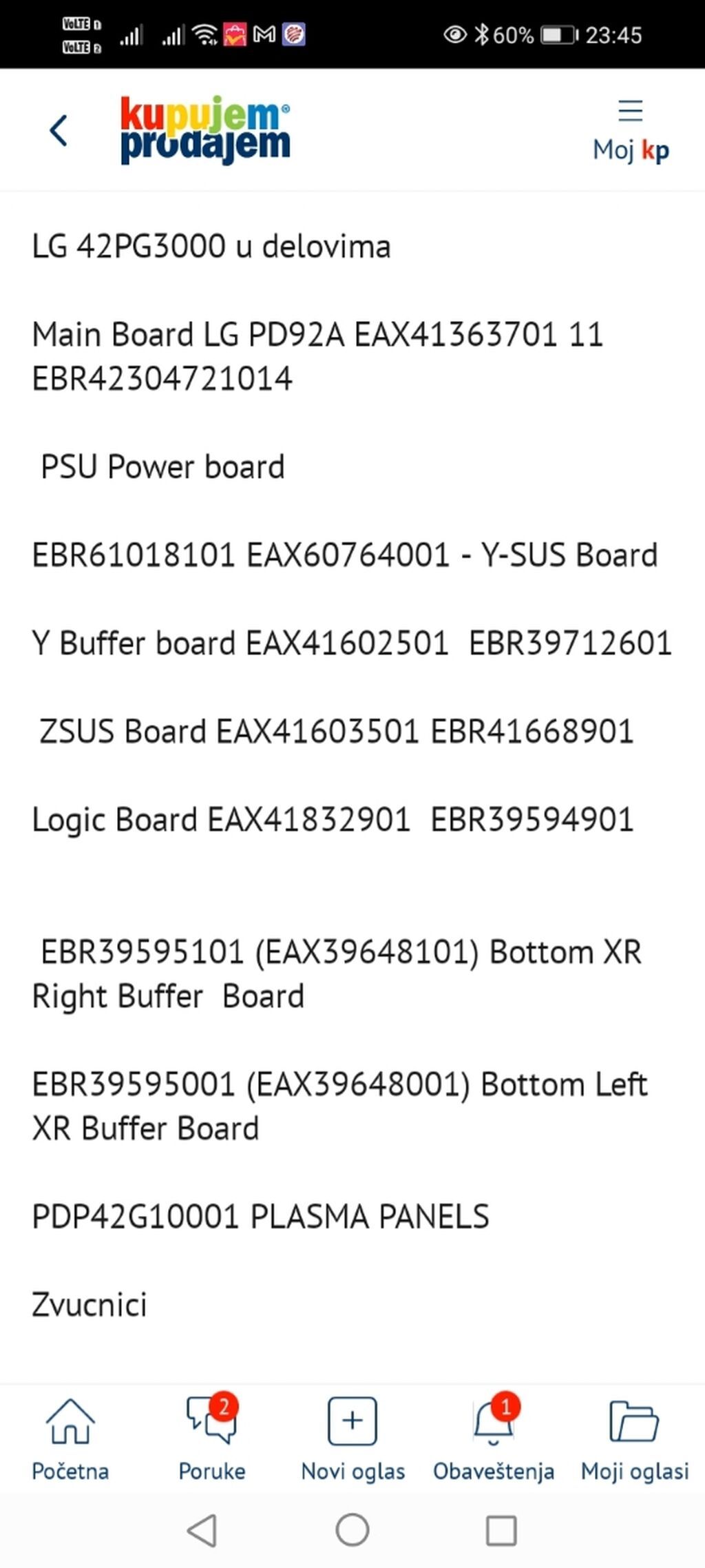 LG 42PG3000 – delovi za plazma TV Dostupne ploče i komponente sa