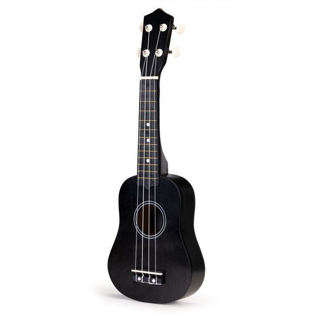 Sopran ukulele, crne boje, 4 žice. Kompaktan korpus sa okruglim rezom