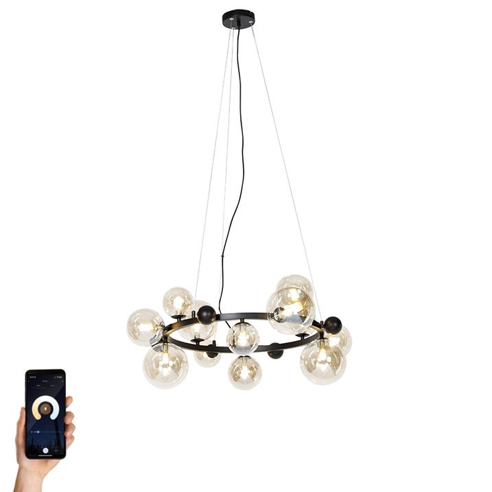 Pametna viseća lampa crna sa staklom boje ćilibara 12 svetala uklj. Zigbee G9 - David