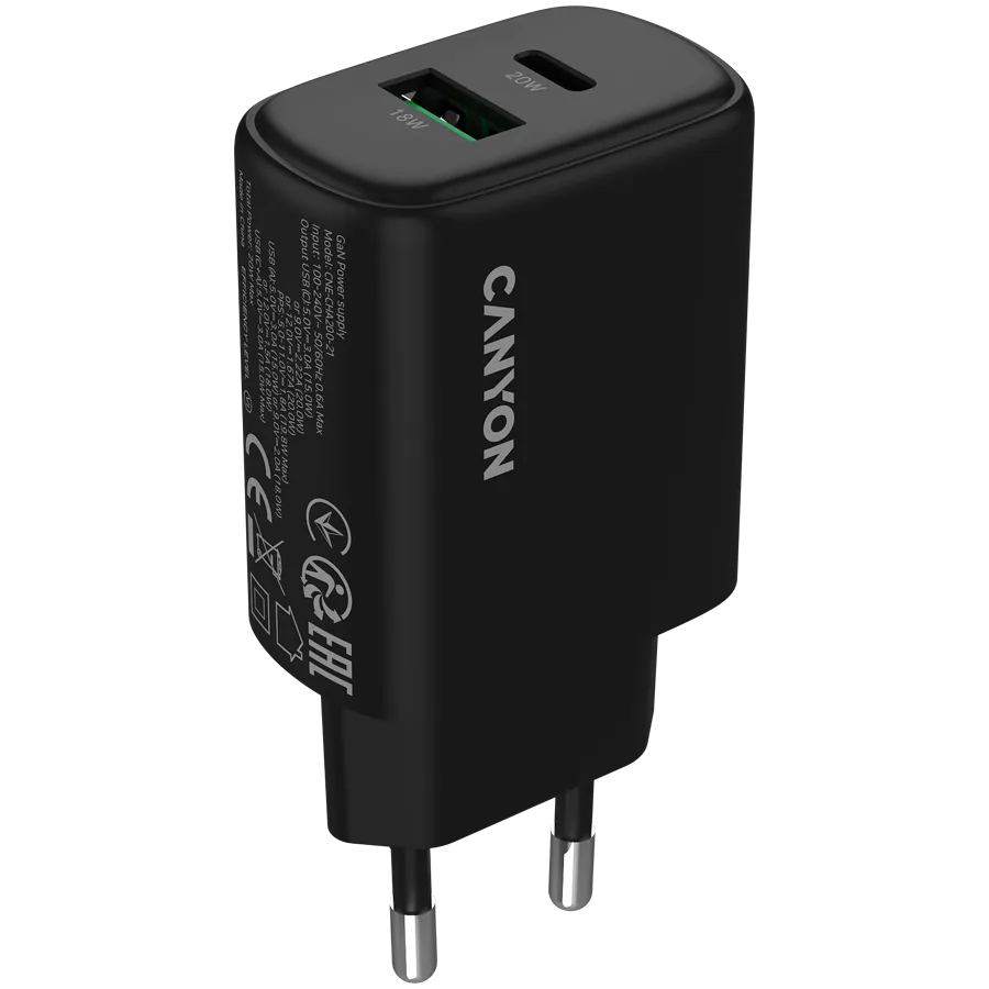 CANYON charger OnCharge 200 20W 1xPD 1xQC EU Black