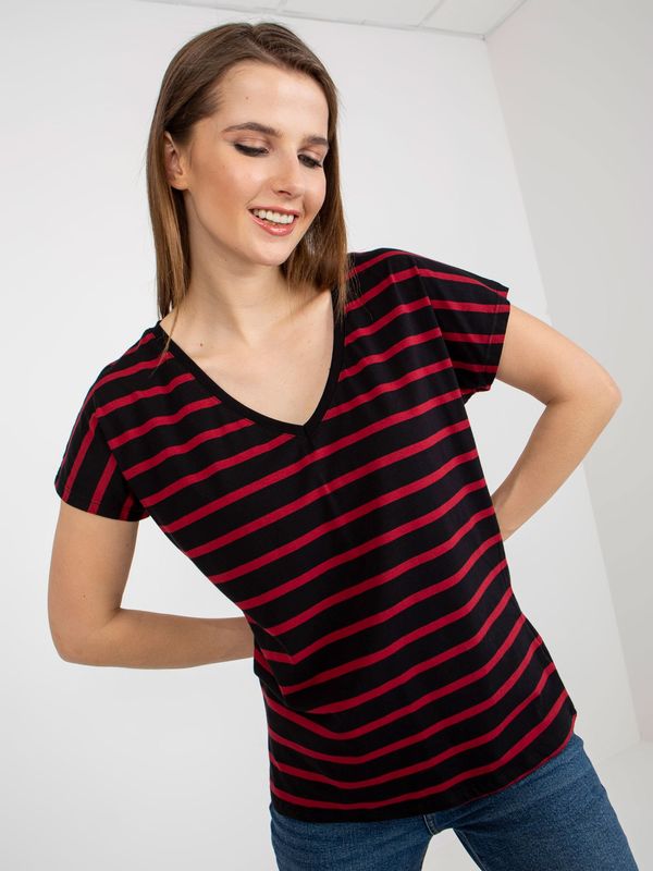 BLACK AND RED WOMEN'S BASIC STRIPED COTTON T-SHIRT