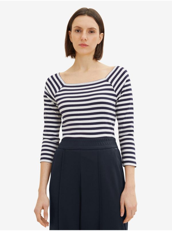WHITE AND BLUE LADIES STRIPED LONG SLEEVE T-SHIRT TOM TAILOR - WOMEN