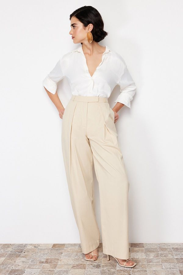 TRENDYOL BEIGE WIDE LEG DOUBLE PLEATED COTTON FABRIC WOVEN TROUSERS