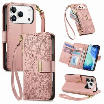 IPHONE 17 PRO FLORAL & LEAF PATTERN WALLET CASE WITH ZIPPER POCKET & WRIST STRAP