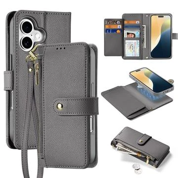 IPHONE 16 DUX DUCIS LAWA WALLET LEATHER CASE W. MAGNETIC COVER - GREY