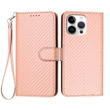 IPHONE 16 PRO MAX PREMIUM WALLET CASE WITH STRAP - CARBON FIBER TEXTURE - CARBON PINK