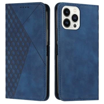 IPHONE 16 PRO MAX RHOMBUS PATTERN WALLET CASE WITH MAGNETIC CLOSURE - BLUE