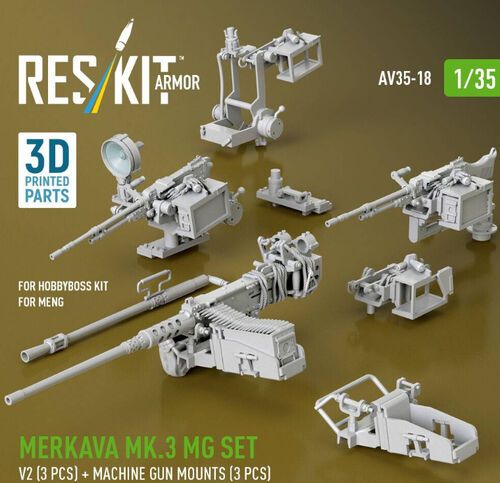 RES/KIT AV35-0018 Merkava Mk.3 - MG Set V2 (3 pcs) and Machine Gun Mounts (3 pcs) (for Meng & HobbyBoss Kits / 3D Printed)