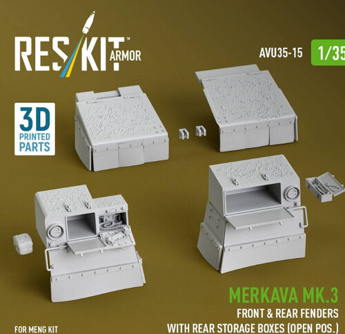 RES/KIT AVU35-0015 Merkava Mk.3 - Front & Rear Fenders with Rear Storage Boxes / OPEN Possition (for Meng Kits / 3D-Printed)