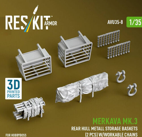 RES/KIT AVU35-0008 Merkava Mk.3 - Rear Hull Metall Storage Baskets (2 pcs) with Workable Chains (for Hobby Boss Kits / 3D-Printed)