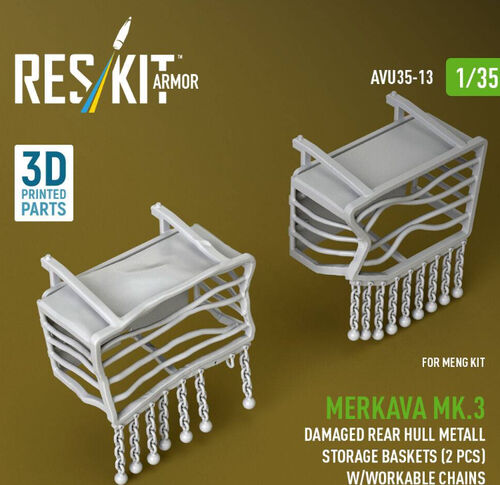 RES/KIT AVU35-0013 Merkava Mk.3 - Damaged Rear Hull Metall Storage Baskets (2 pcs) with Workable Chains (for Meng Kits / 3D-Printed)