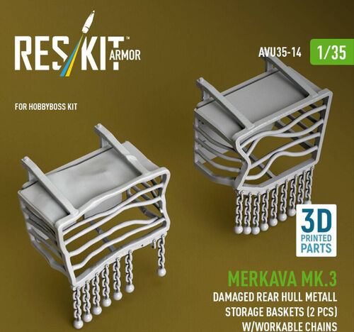 RES/KIT AVU35-0014 Merkava Mk.3 - Damaged Rear Hull Metall Storage Baskets (2 pcs) with Workable Chains (for Hobby Boss Kits / 3D-Printed)