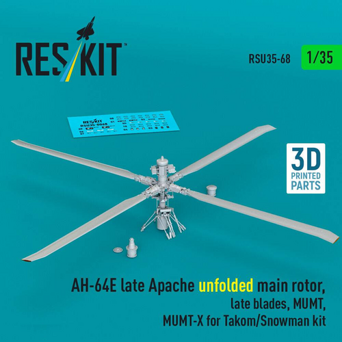 NEW! RES/KIT U35-0068 AH-64 E Late Apache - Unfolded Main Rotor, Late Blades, MUMT, MUMT-X (for Takom / Snowman Kits / 3D-Printed)