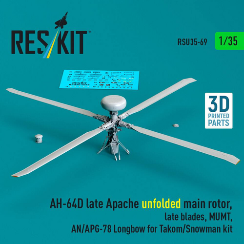 NEW! RES/KIT U35-0069 AH-64 D Late Apache - Unfolded Main Rotor, Late Blades, MUMT, AN/APG-78 Longbow (for Takom / Snowman Kits / 3D-Printed)
