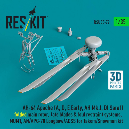 NEW! RES/KIT U35-0079 AH-64 E Late Apache - Folded Main Rotor, Late Blades & Fold Restraint Systems, MUMT, AN/APG-78 Longbow (for Takom and Snowman Kits / 3D-Printed)